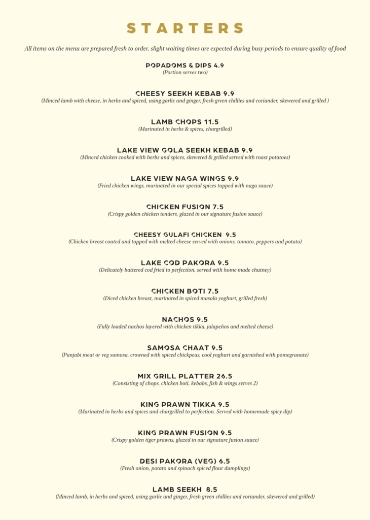 Food Menu – Lakeview Lounge, Rishworth