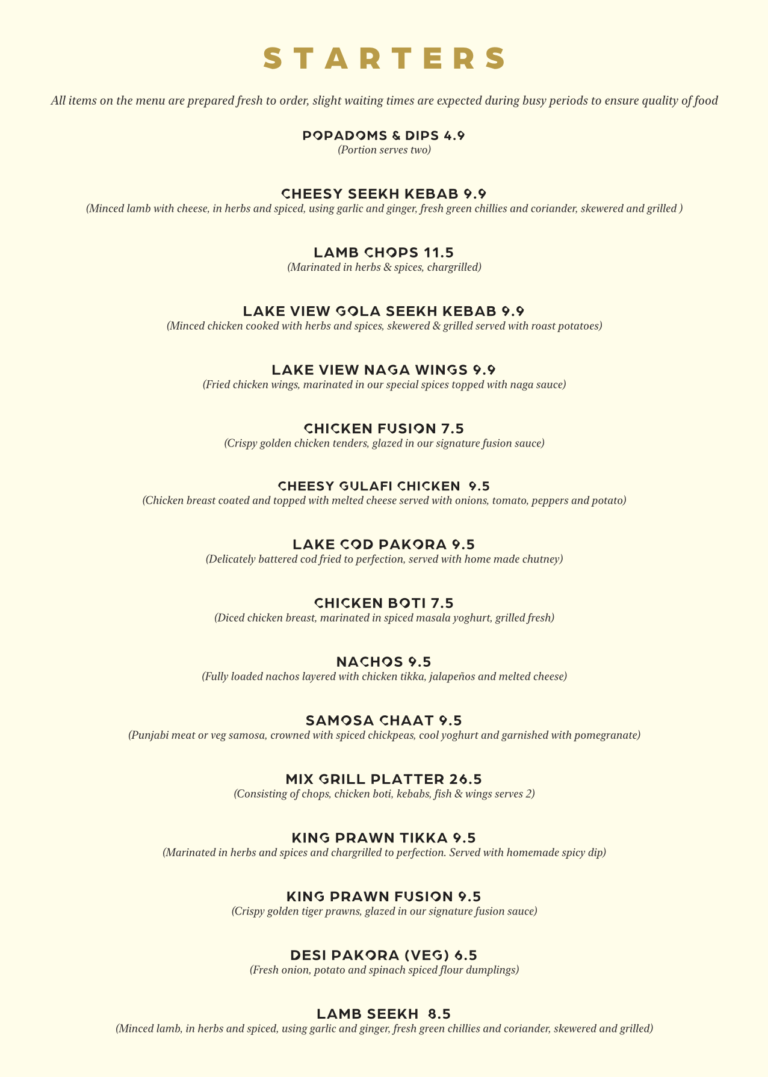 Food Menu – Lakeview Lounge, Rishworth